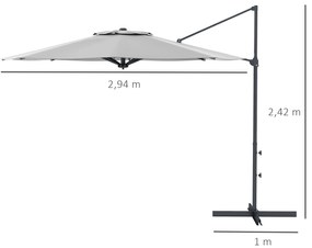 Outsunny konzolový slunečník Ø3 m s kličkou, sklápěcí zahradní slunečník, otočný zahradní slunečník na balkon a terasu, kov, tmavě šedý | Aosom.de