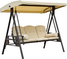 Outsunny 3místná hollywoodská houpačka zahradní houpačka se sluneční stříškou polštáře kov polyester béžová+hnědá 120 x 208 x 172 cm | Aosom