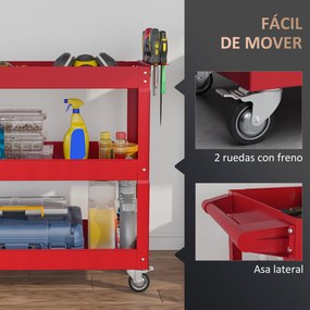 DURHAND vozík na nářadí s kolečky, ocelový vozík s 3 skladovacími policemi a bočním madlem pro mechanickou garáž, nosnost 150 kg, 83x35,3x76 cm, červ…