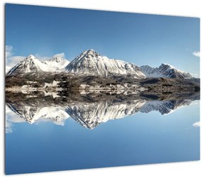 Skleněný obraz hor a jejich odrazu (70x50 cm)