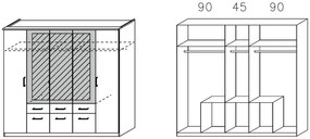 Šatní skříň Burano, 225 cm, bílá/šedá