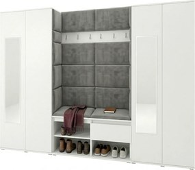 Předsíňová stěna Trinity 10 s čalouněnými panely, 280 cm, bílá / šedá
