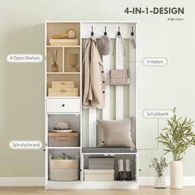 HOMCOM 180 cm skříň na předsíň s věšákem na oblečení, botníkem, 4 háčky, otevřené odkladací plochy, MDF, bílá