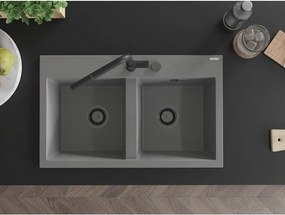 Mexen Hektor, 2-komorový granitový dřez 800x480x205 mm, šedá, grafitový sifon, 6521802000-71-B