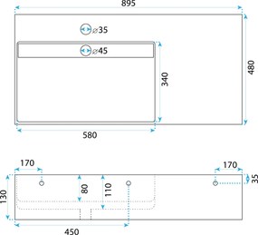 Rea Archi, umyvadlo na desku z konglomerátu 900x480x130 mm, levá verze, šedá matná, REA-U4304
