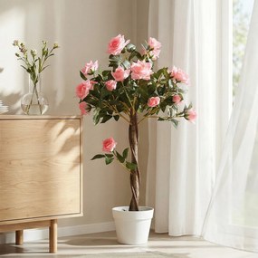 Outsunny Velké Umělé Růže 90 cm – Umělá Rostlina, Plastový Růžový Strom v Květináči, Realistický Umělý Strom pro Moderní Dekoraci Obývacího Pokoje, L…