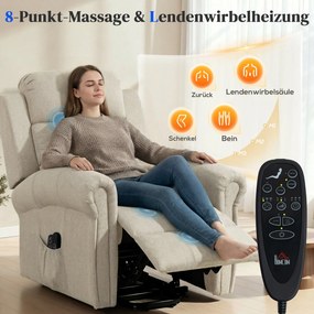 HOMCOM Masážní křeslo s asistencí při vstávání, relaxační křeslo, vibrační hlavy, s polohovací funkcí, vzhled lnu, béžová