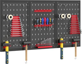 HOMCOM nástěnný úložný pegboard 3×60 × 40 cm, 28dílný držák nářadí s háčky a přihrádkami, černá/červená | Aosom