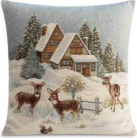 VÁNOČNÍ GOBELÍNOVÝ DEKORAČNÍ POVLAK NA POLŠTÁŘ SNOWY WISHES 45X45 CM VZOROVANÝ