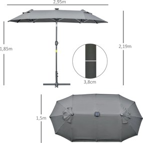 Outsunny Dvojitý slunečník 295x150x219 cm s LED solárními světly, nastavitelné sklopení a manuální klička pro terasu, bazén a pláž, šedý