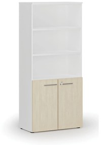 Kombinovaná kancelářská skříň PRIMO WHITE, dveře na 2 patra, 1781 x 800 x 420 mm, bílá/bříza