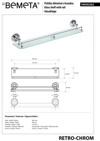 Bemeta Design RETRO chrom: Polička, 600 mm, s hrazdou, sklo -