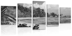 5-dílný obraz pláž na ostrově La Digue v černobílém provedení - 200x100 cm