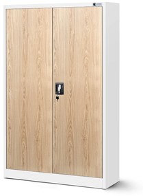 Plechová policová skříň KEVIN, 900 x 1400 x 400 mm, Eco Design: bílá/ dub sonoma
