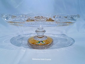 Broušený oválný talíř na noze se zlatem a smaltem 24 cm