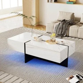 Aosom Konferenční stolek z lesklého imitačního mramoru s LED aplikací Ovladač 3 zásuvky 100cm pro obývák Černobílý