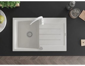 Mexen Bruno, 1-komorový granitový dřez s odkapávačem 80x50 cm a kuchyňskou baterií Telma, bílá, 6513-20-670200-20