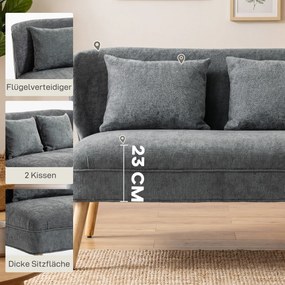 HOMCOM 2místná kompaktní křídlová pohovka s 2 polštáři, 117 cm silně polstrovaná dvousedací pohovka z čalouněné chenille, dřevěné nohy, šedá