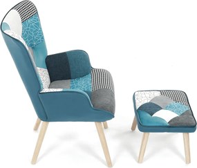 Relaxační křeslo ušák s podnožkou LYRO - modrá patchwork látka