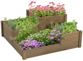 Vyvýšený zeleninový záhon Outsunny se 3 schůdky, truhlík na bylinky, jedlové dřevo, hnědá barva, 122x122x51 cm, na terasu a balkon | Aosom.de