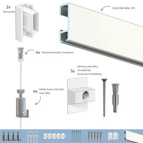 Závěsný systém na obrazy - SET Click Rail bílá přetíratelná 2m (4x perlon)