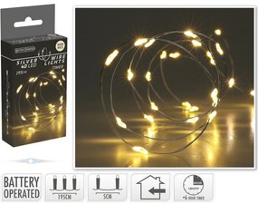 Světelný drát Silver, 2m, 40 LED, teplá bílá, časovač, na baterie