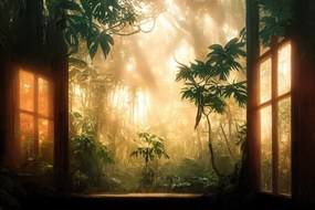 Fototapeta A Large Arch-Shaped Window, A Portal In The Dark Mystical Forest, The Sun&amp;#039;s Rays Pass Through The Window And Trees, Shadows. Fantasy Beautiful Forest Fantasy Landscape. 3D . Samolepící tapety 104x70.5