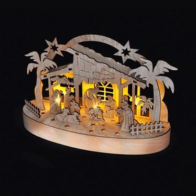 SOLIGHT Vánoční dřevěný betlém podsvícený, 5x LED, přírodní dřevo, 25cm, 2x AA