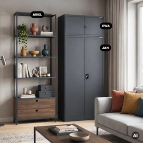 Regál se zásuvkami do kanceláře, na šanony a dokumenty, otevřené police, kovový, antracitový/ořech, 800x2200x400 mm: ARIEL Eco Design