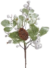 Zimní větvička bobule s šiškou 40 cm - bílá