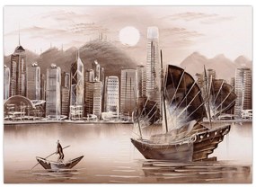 Skleněný obraz - Victoria Harbor, Hong Kong, sépiový efekt (70x50 cm)