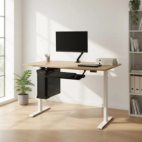 Výškově nastavitelný stůl OfficeTech A, 140 x 80 cm, bílá podnož, dub kraft