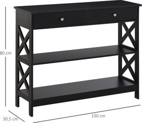 HOMCOM Moderní Konzolový Stolek do Předsíně se 2 Zásuvkami a 2 Spodními Policemi 100x30,5x80 cm Černý