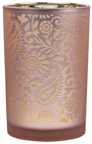 Růžovo stříbrný skleněný svícen s ornamenty Paisley vel.L - Ø 12*18cm