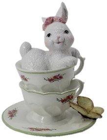 Dekorace bílé králičí slečny v porcelánových šálcích s motýlem - 12*12*15 cm