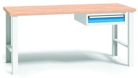 Výškově nastavitelný pracovní stůl do dílny WL se závěsným boxem na nářadí, buková spárovka, 1 zásuvka, 1500 x 685 x 840 - 1050 mm