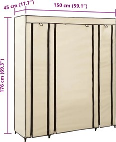 Šatní skříň s přihrádkami a tyčemi krémová 150x45x176 cm textil 282435