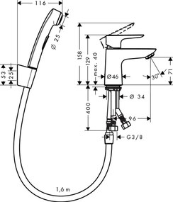 Hansgrohe Talis E, umyvadlová baterie s ruční sprchou Bidette a sprchovou hadicí 160 cm, chromová, 71729000