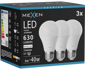 Mexen Nova 3x LED žárovka E27, A60, 6W, Neutrální - 4000K, 630 lm - L100-E27-0640-01x03