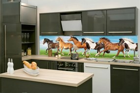 DIMEX | Fototapeta do kuchyně Stádo koní KI-260-111 | 260 x 60 cm | zelená, modrá, hnědá