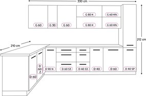 Rohová univerzální kuchyňská linka, dub artisan/šedá/černý vulkán, 330x210, LANGEN