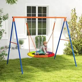 Zahradní houpačka Outsunny pro děti, hnízdová houpačka pro 1-2 děti s vyztuženým kovovým rámem ve tvaru A, 196x172x180cm, vícebarevná