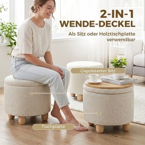 HOMCOM Stolička s úložným prostorem, kulatá sedací stolička s víkem, vzhled lnu pro obývací pokoj, ložnici, 38,5x38,5x33,5 cm Béžová