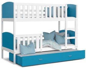 Dětská patrová postel TAMI 3 80x190 cm s bílou konstrukcí v modré barvě s přistýlkou