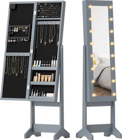 HOMCOM Šperkové zrcadlo s LED – stojací skříňka, nastavitelný celozrcadlový stojan, šedá