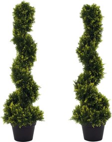Outsunny Sada 2 velkých umělých cedrových stromů 90 cm – umělá rostlina, plastové umělé cedrové rostliny v květináčích, spirálová rostlina realistická