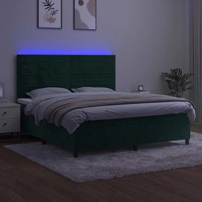 Box spring postel s matrací a LED tmavě zelená 160x200 cm samet 3136194