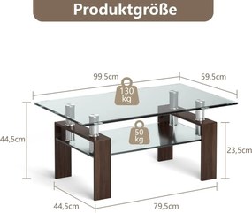 Costway Konferenční stolek ze skla, se spodní policí – 99,5 × 59,5 × – průhledný