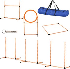 PawHut 4-dílná souprava na agility pro psy – Hra agility pro psy se slalomovými tyčemi, odpočinkovou zónou, plotem a oranžovým skokovým kruhem | Aosom