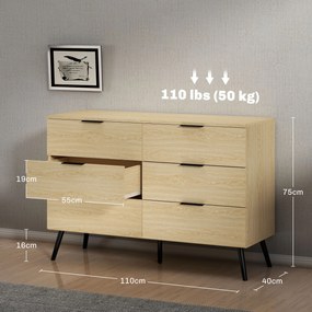 HOMCOM Komoda se 6 zásuvkami Moderní design s protišmykovým zajištěním 110Š x 40H x 75V cm Dřevěný vzhled
